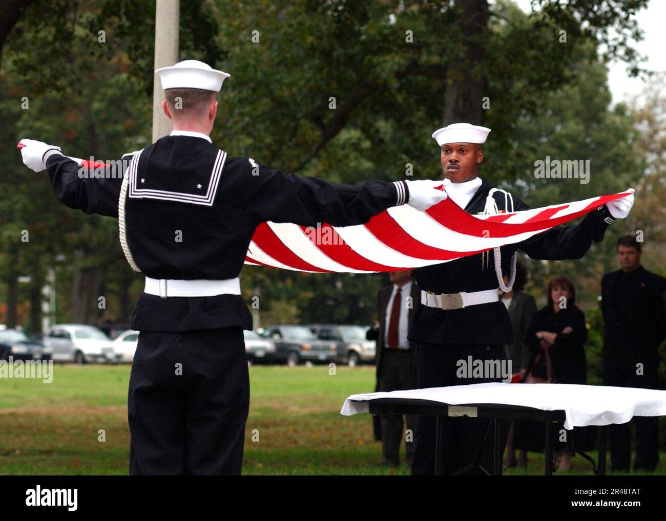 US Navy Honor Guard prepare to fold an American Flag for presentation ...