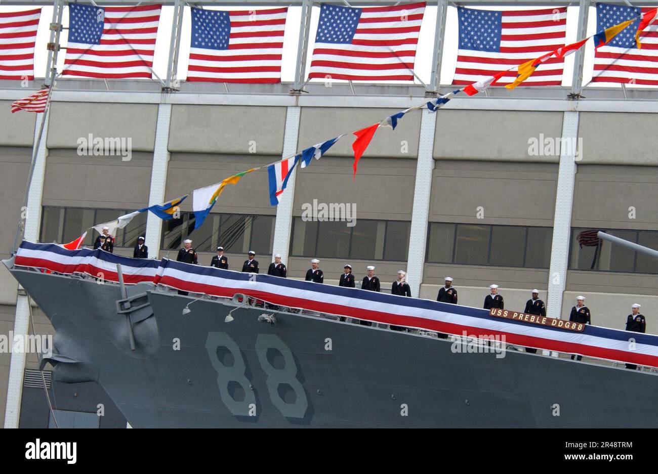 US Navy Sailors assigned to the newly commissioned destroyer USS Preble ...