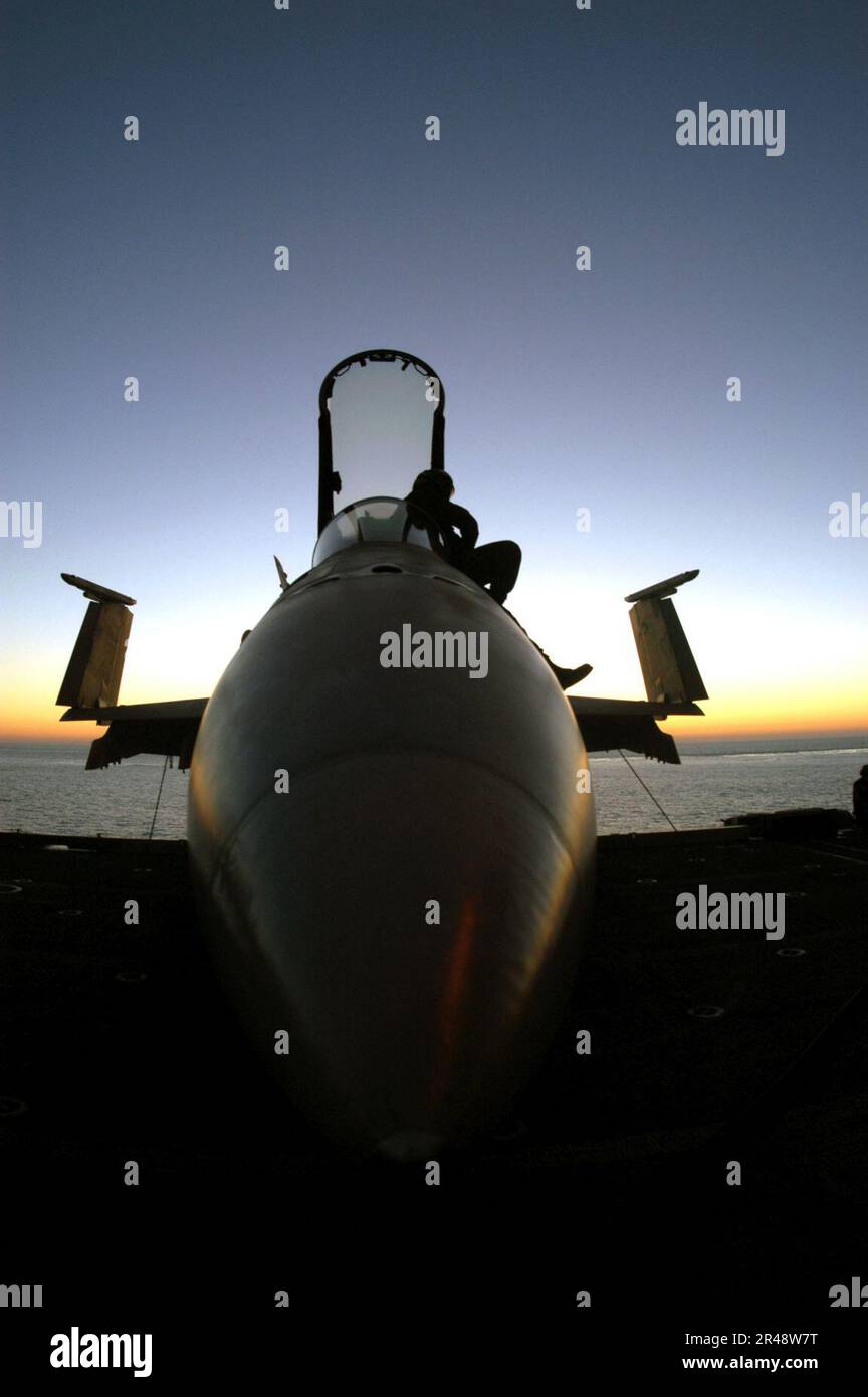 US Navy A plane captain finishes his pre-flight inspection of an F-A ...