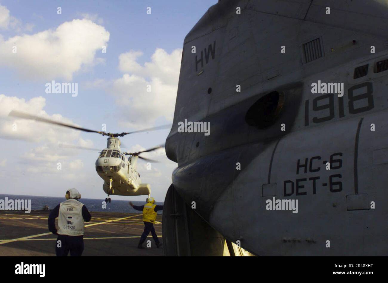 US Navy CH-46 Sea Knight helicopter as it takes off from the main deck ...