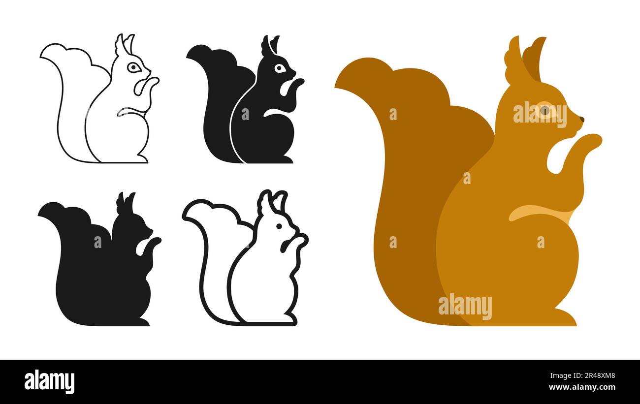 Squirrel rodent wild animal cartoon style set. Forest red squirrels symbol, line doodle, stamp ...