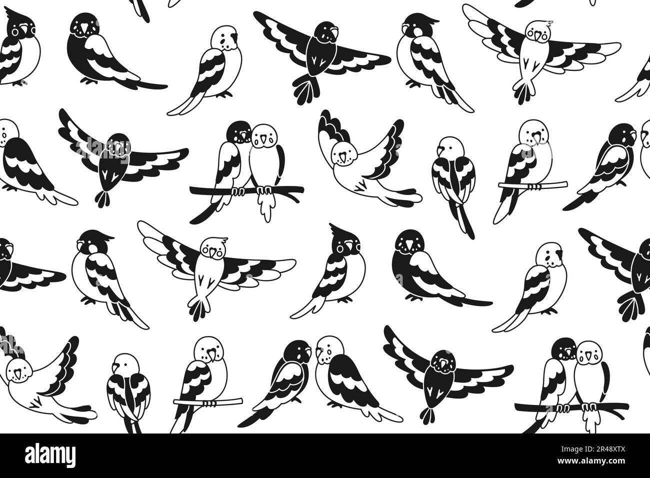 Flying Parrot tropical seamless pattern. Exotic black and white birds ...