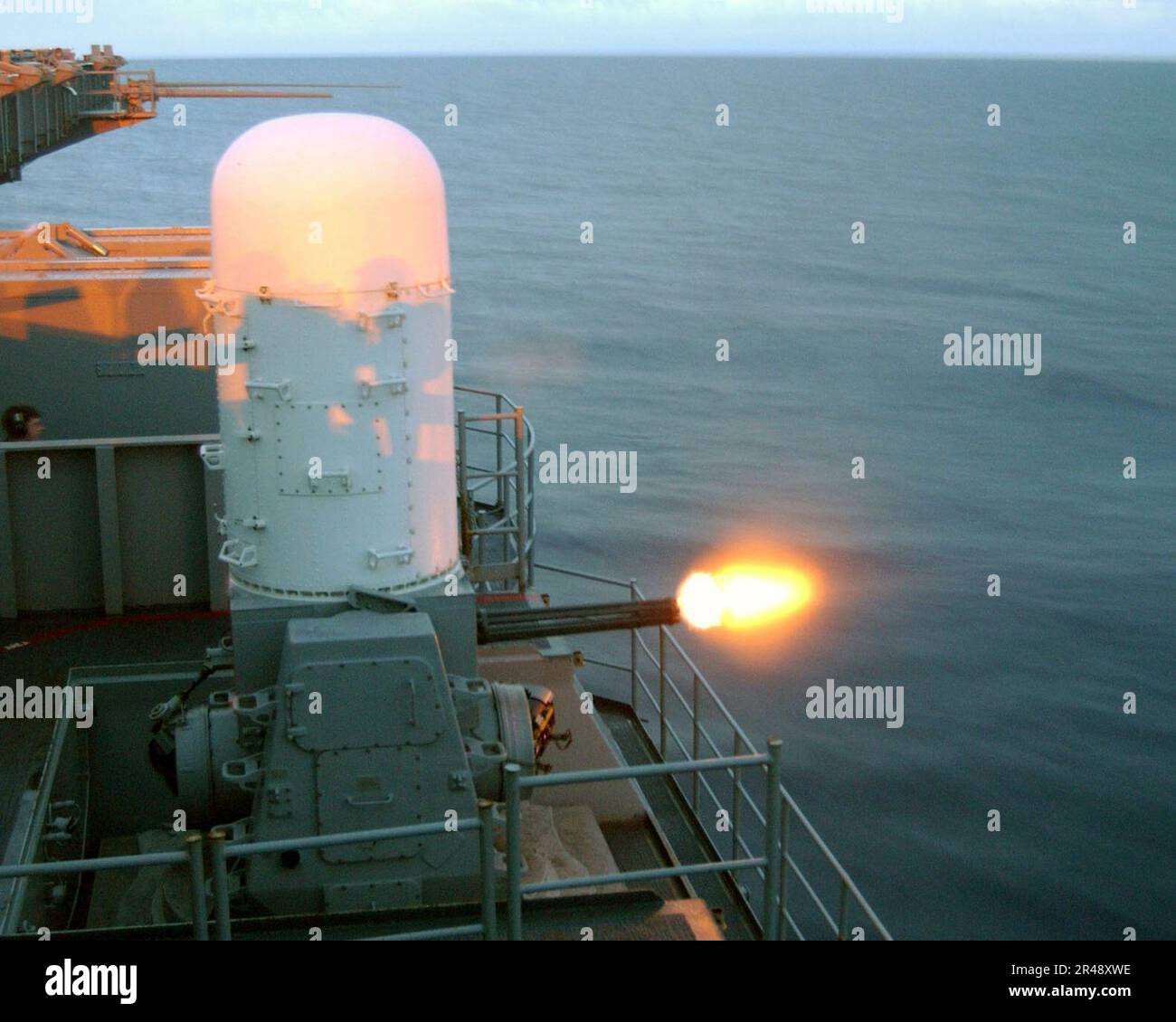 US Navy Phalanx MK-15 Close In Weapons Systems (CIWS) fires a high ...