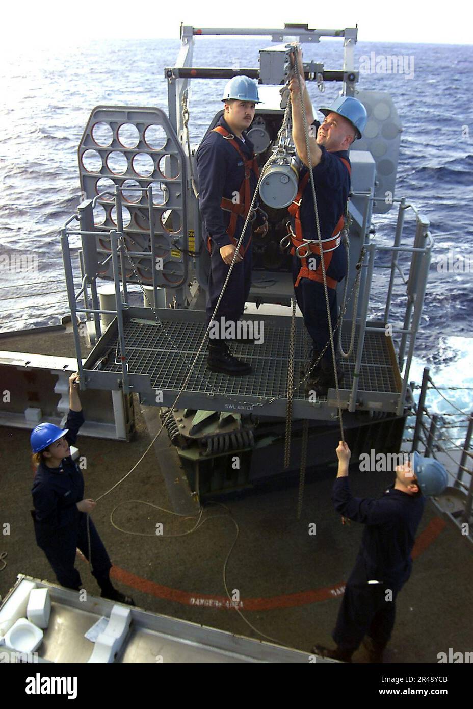 US Navy Rolling Airframe Missile RIM-116A into the aft launcher Stock ...