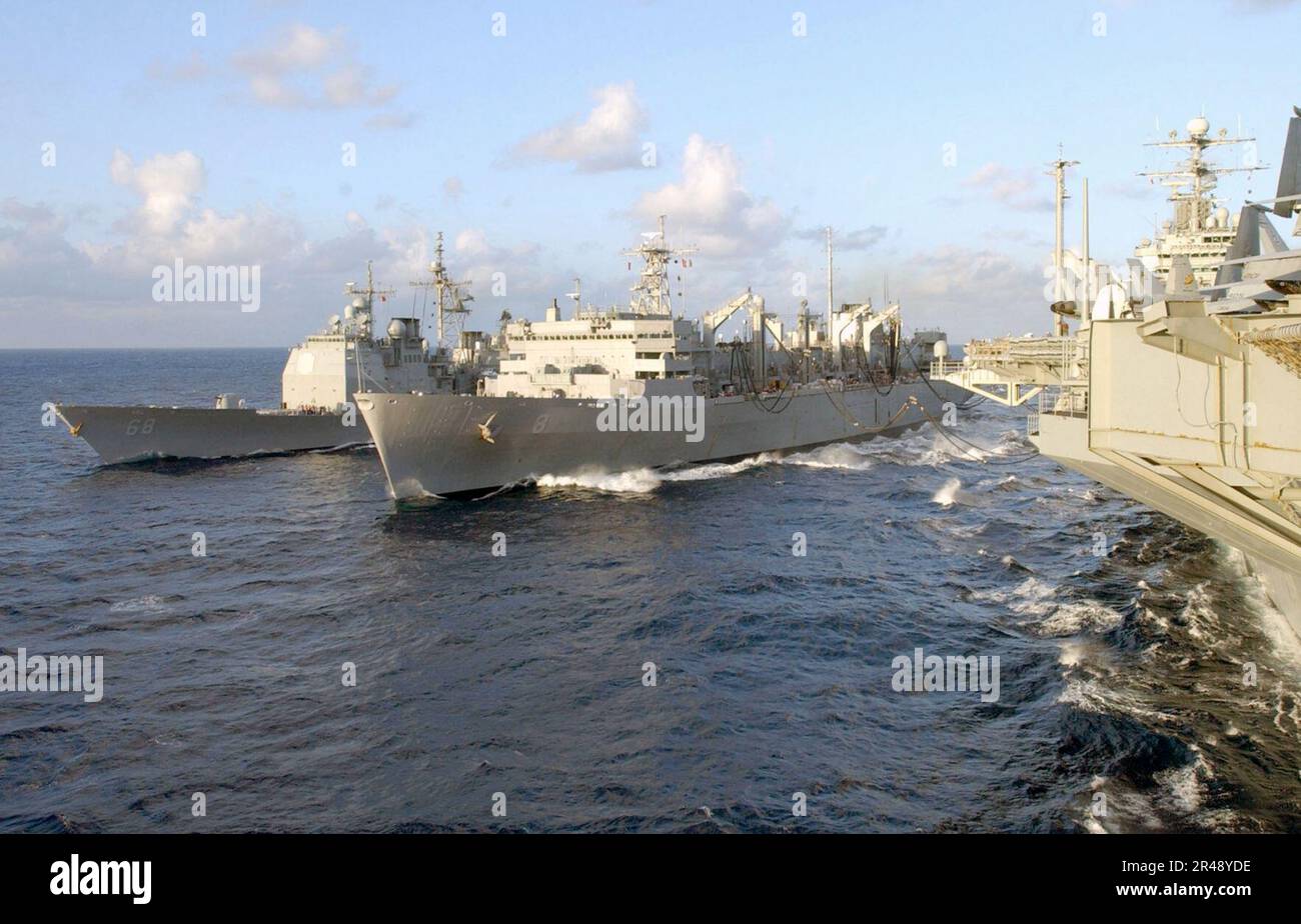 US Navy USS Anzio (CG 68) conducts an underway replenishment (UNREP) at ...