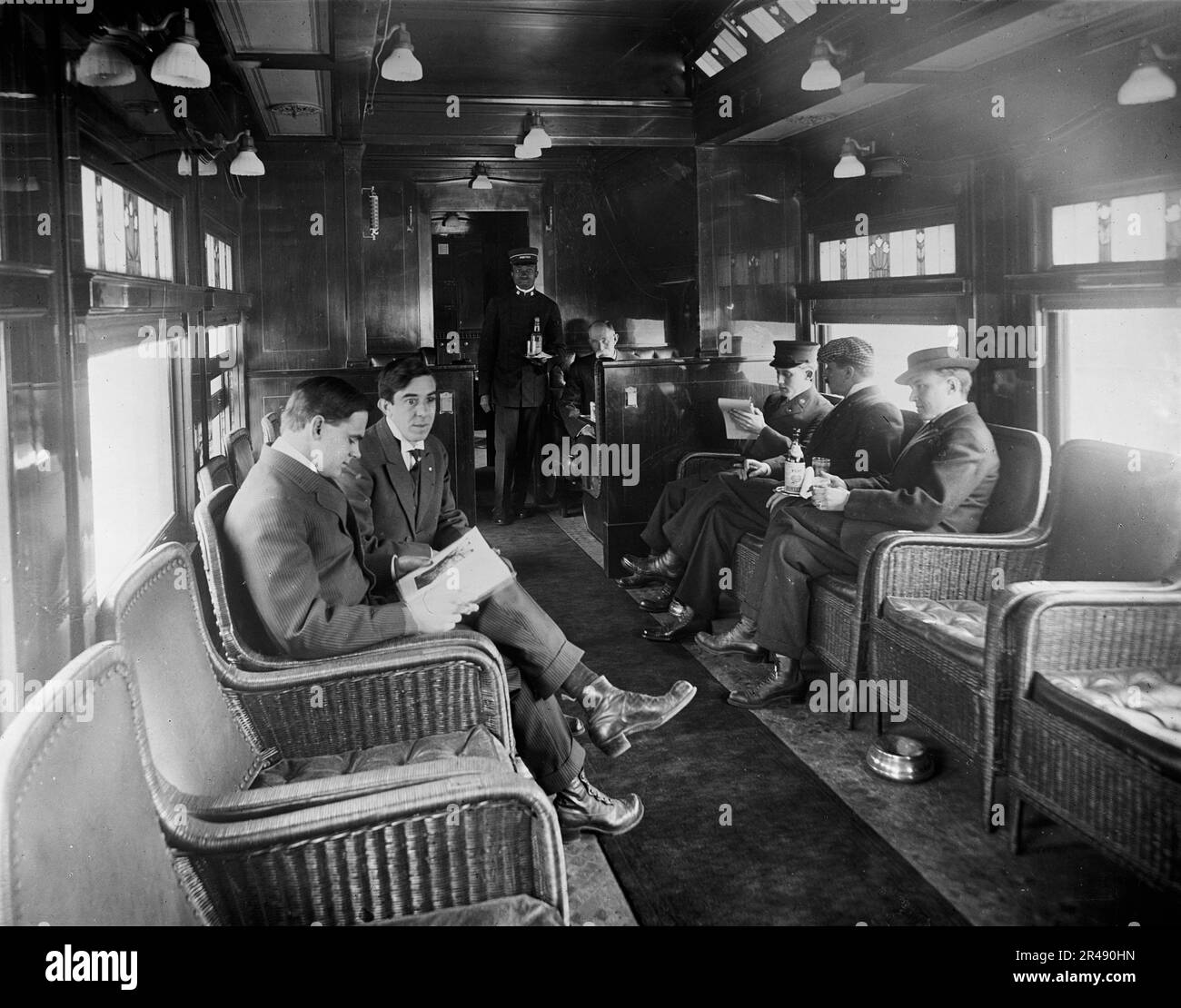 Buffet library car on a deluxe overland limited train, between 1910 and ...