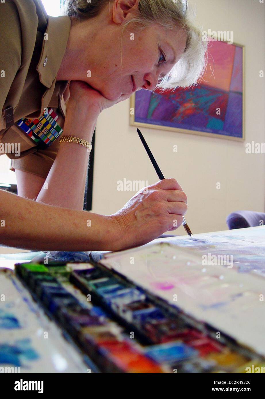 US Navy Navy Artist Cmdr. Monica Allen, U.S. Navy Reserves, applies the ...
