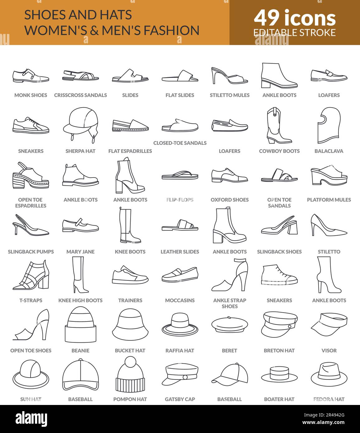 Big set of isolated Shoes and hats vector line icons Stock Vector Image ...