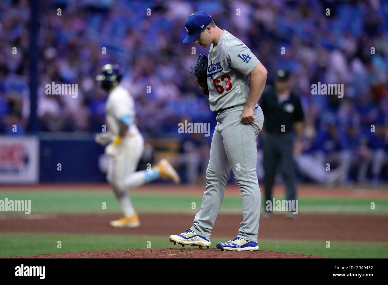 Los Angeles Dodgers relief pitcher Justin Bruihl reacts as Tampa Bay ...