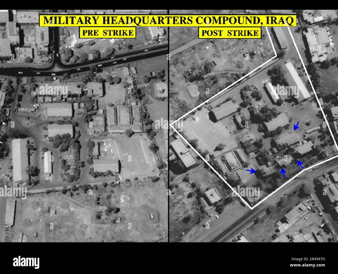 US Navy A pre-strike and post-strike photo of a Military Headquarters Compound in Iraq shown in ...