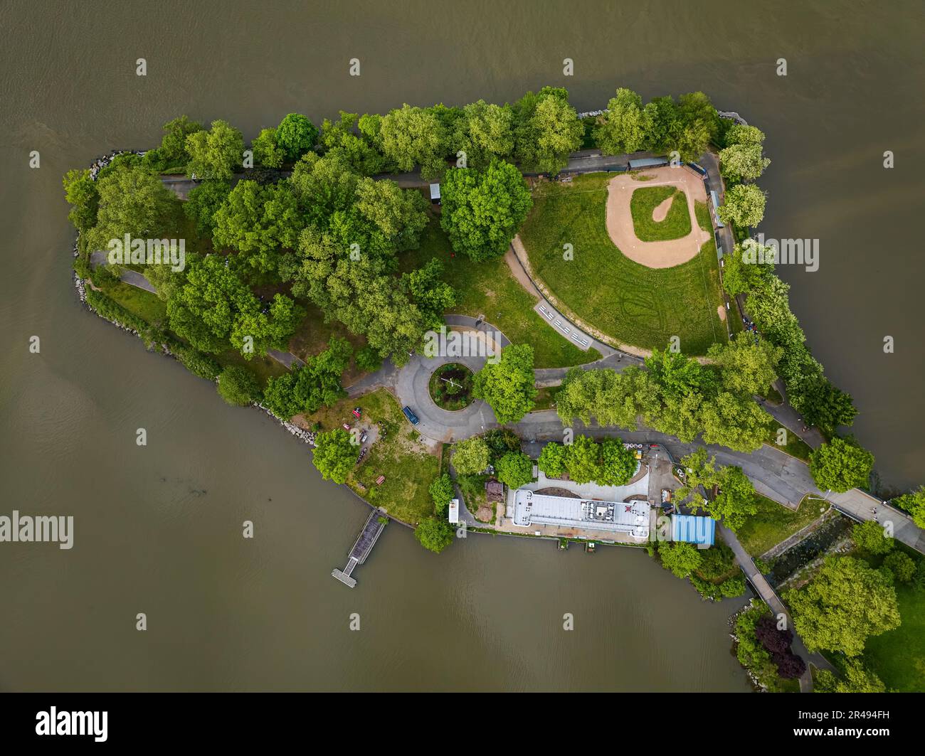 An aerial view of a baseball field in Inwood Hills Park on the Spuyten ...