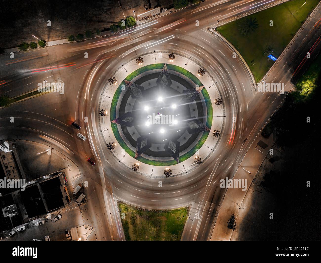 An aerial view of a traffic busy roundabout in Qatif, Saudi Arabia ...