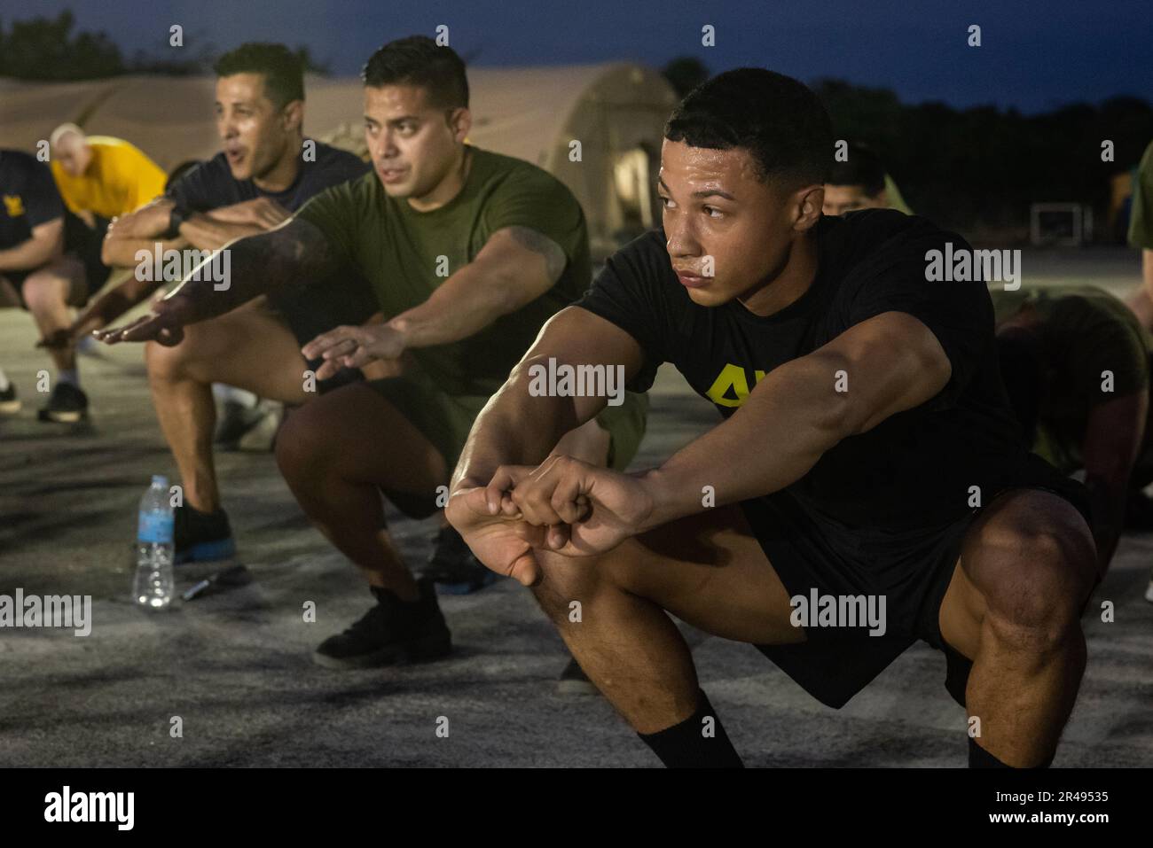 A U.S. Army Soldier, Marine, and Navy Sailor hold in squat position ...