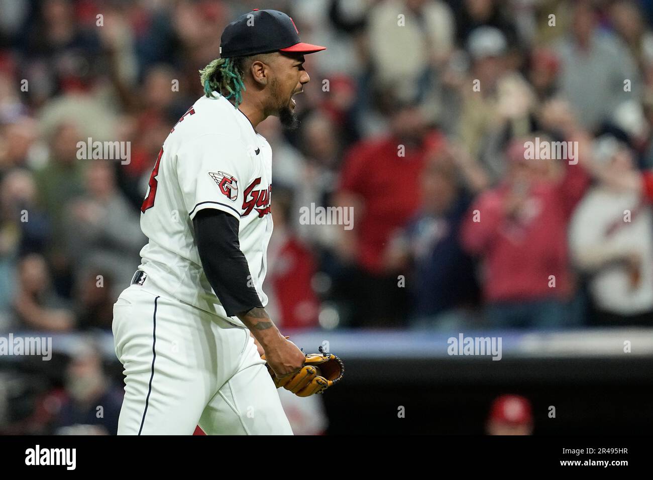 Cleveland Guardians relief pitcher Emmanuel Clase reacts as his team ...