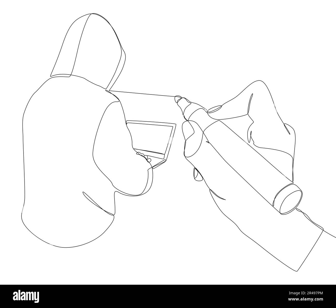 One continuous line of Computer Hacker drawn by with felt tip pen. Thin ...