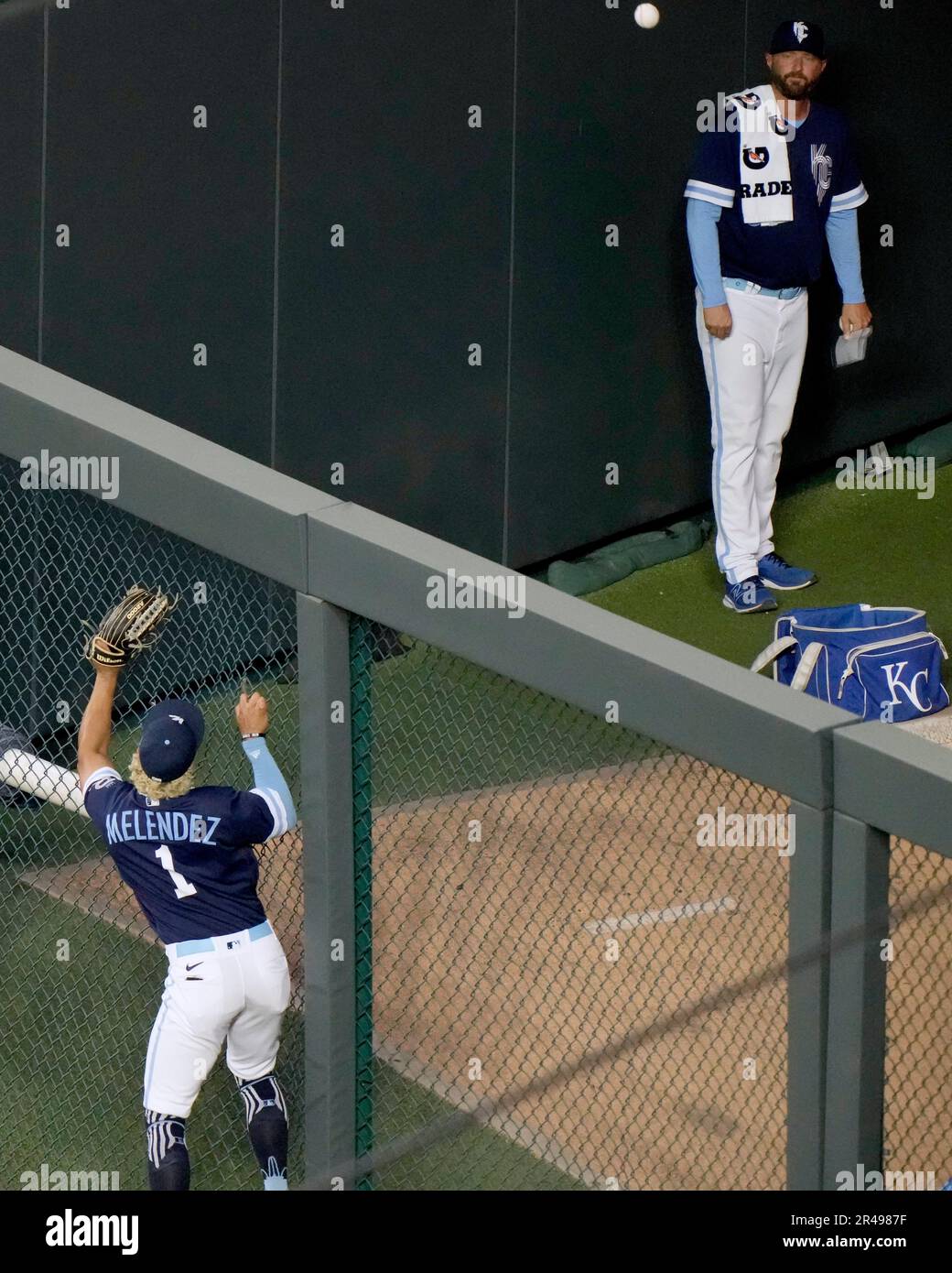 Kansas City Royals right fielder MJ Melendez (1) watches a three-run ...