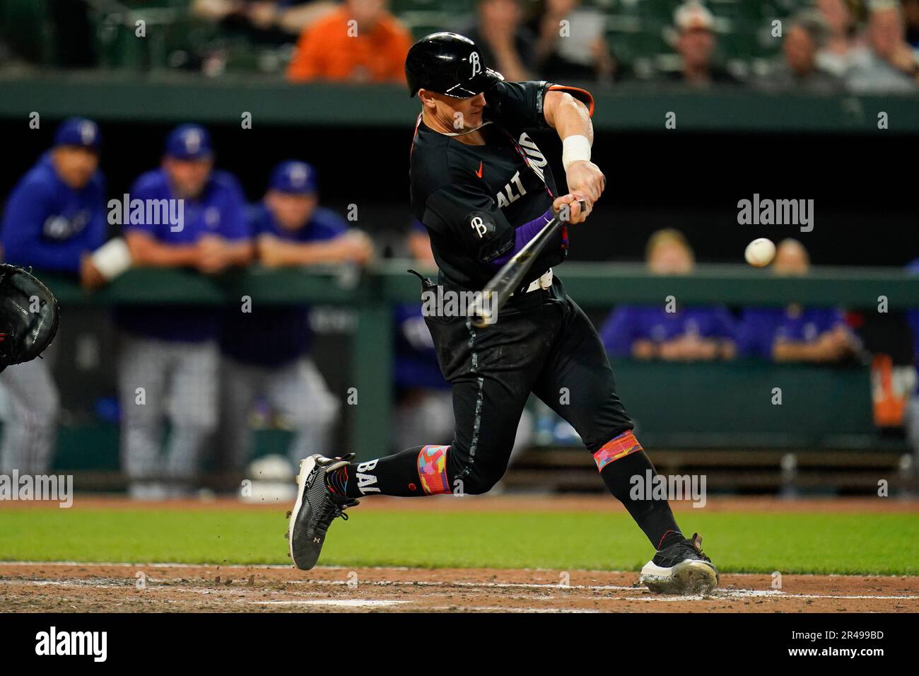 Baltimore Orioles' Ryan Mountcastle swings at a pitch from the Texas ...