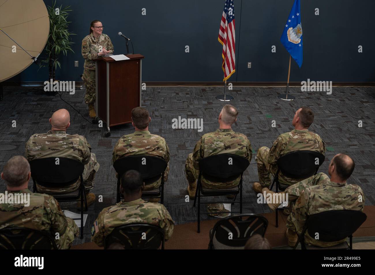 Col. Samantha Pitman, the 710th Operations Group commander, speaks to ...