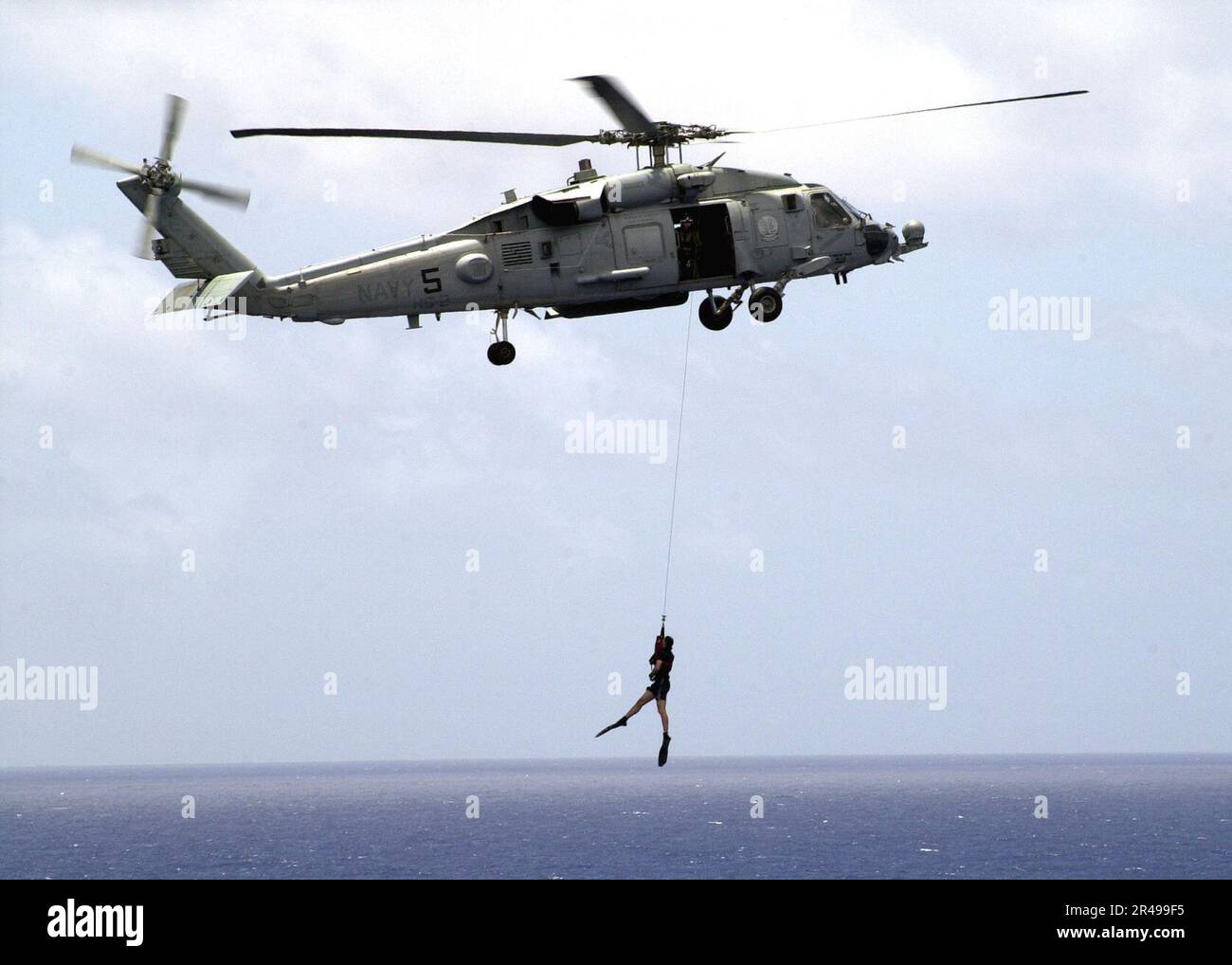 US Navy Seahawk demonstrates the lowering of a Search and Rescue (SAR ...