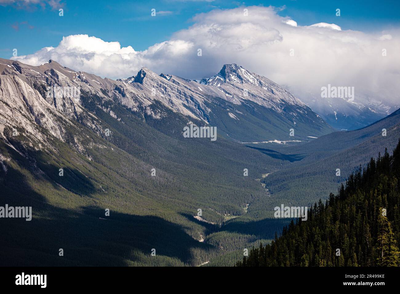A scenic view of a green valley surrounded by rocky mountains. Banff ...