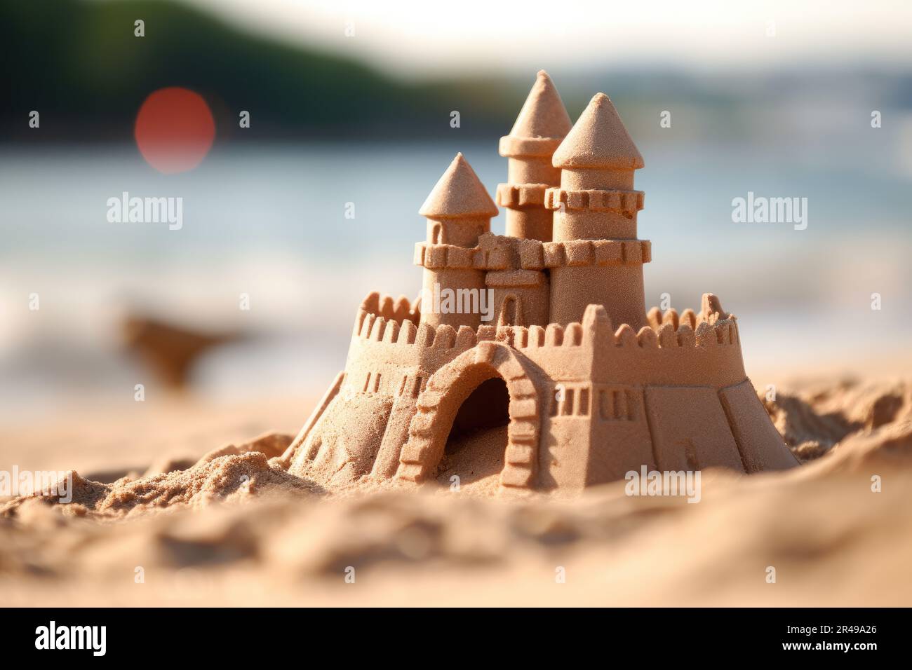 An artistic sand castle built on a beach with a blurred background ...