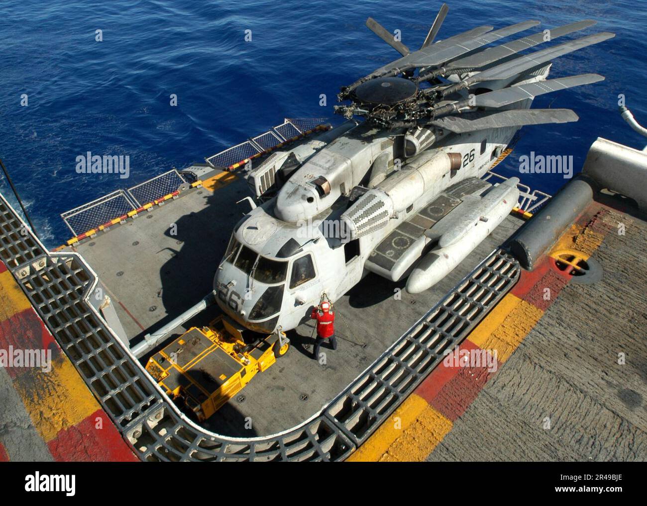 US Navy A CH-53E Super Stallion is moved from the Hangar Bay to the ...