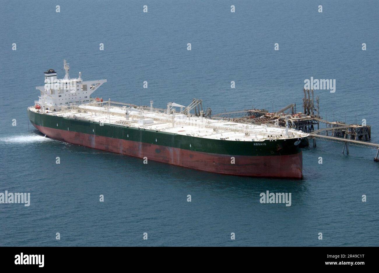 US Navy Commercial oil tanker AbQaiq readies itself to receive oil at ...