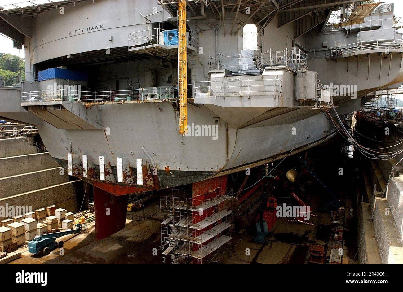 US Navy USS Kitty Hawk (CV 63) sits in dry dock undergoing repairs at ...