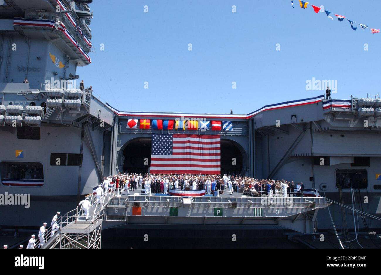 US Navy Crewmembers of the Navy's newest Nimitz-class aircraft carrier USS Ronald Reagan (CVN 76 ...
