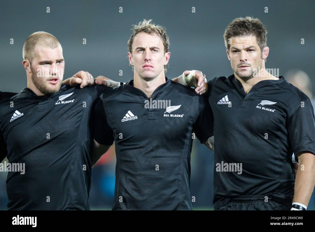 (L-R) New Zealand’s rugby All Black’s Owen Franks, Jimmy Cowan and ...