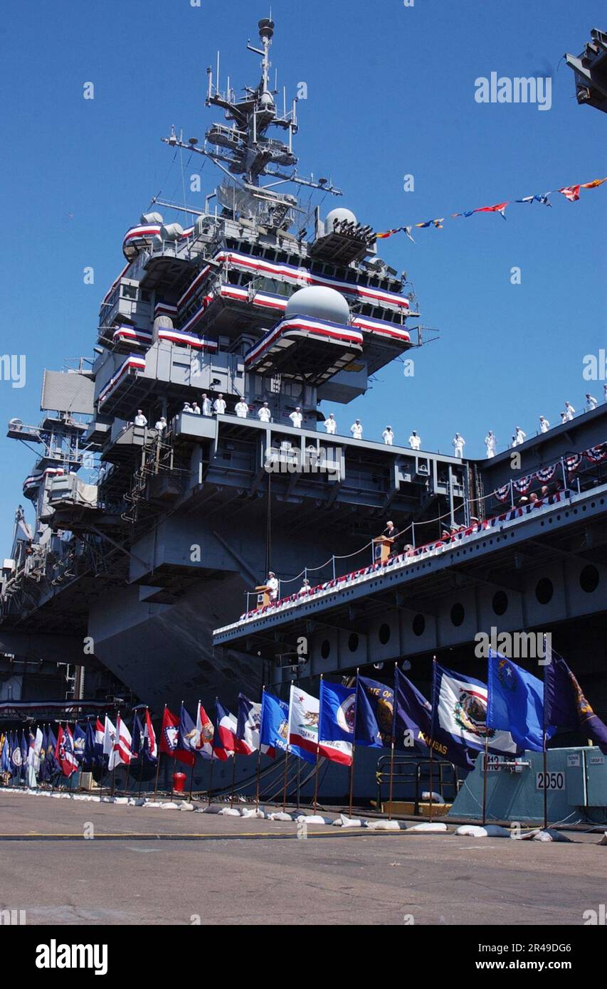 US Navy Sailors aboard USS Constellation (CV 64) man the rails during ...