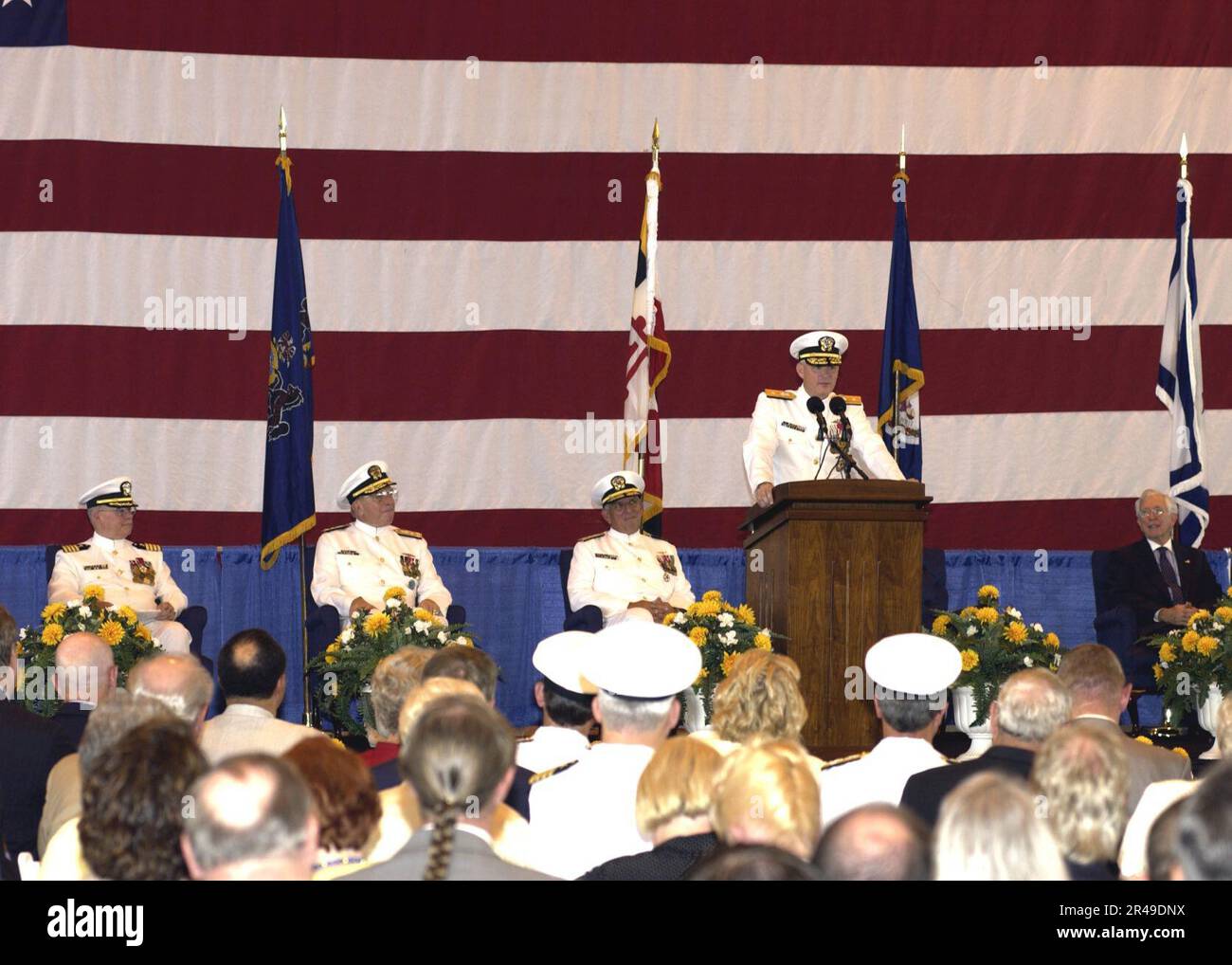 US Navy Rear Adm. Stephen A. Turrcotte addresses the audience as he takes command of Navy Region ...