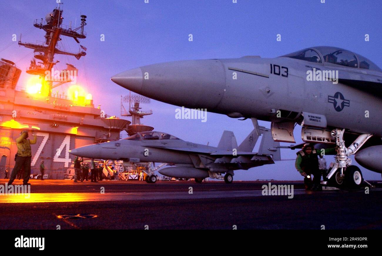 US Navy Two F-A-18F Super Hornets assigned to the Diamondbacks of Strike Fighter Squadron One ...