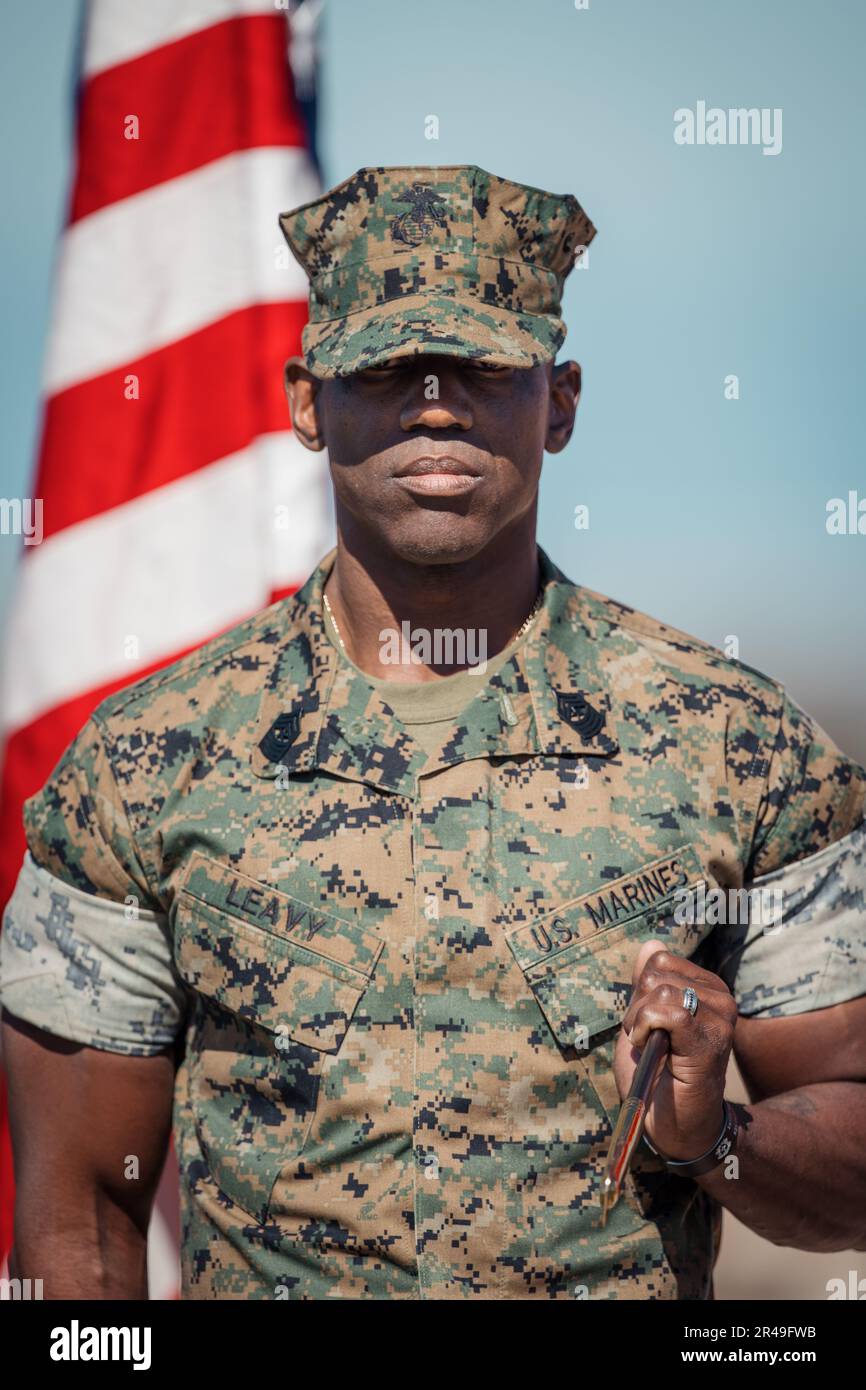 .S. Marine Corps Sgt. Maj. Oranjel Leavy, the outgoing sergeant major ...