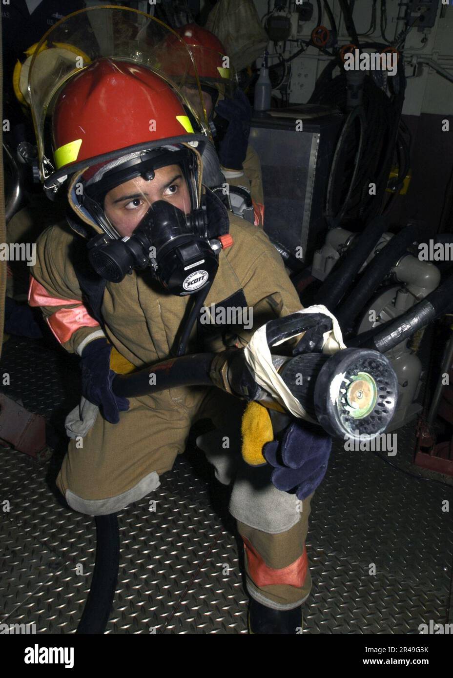US Navy USS Shiloh (CG 67) damage control fire fighters practice ...