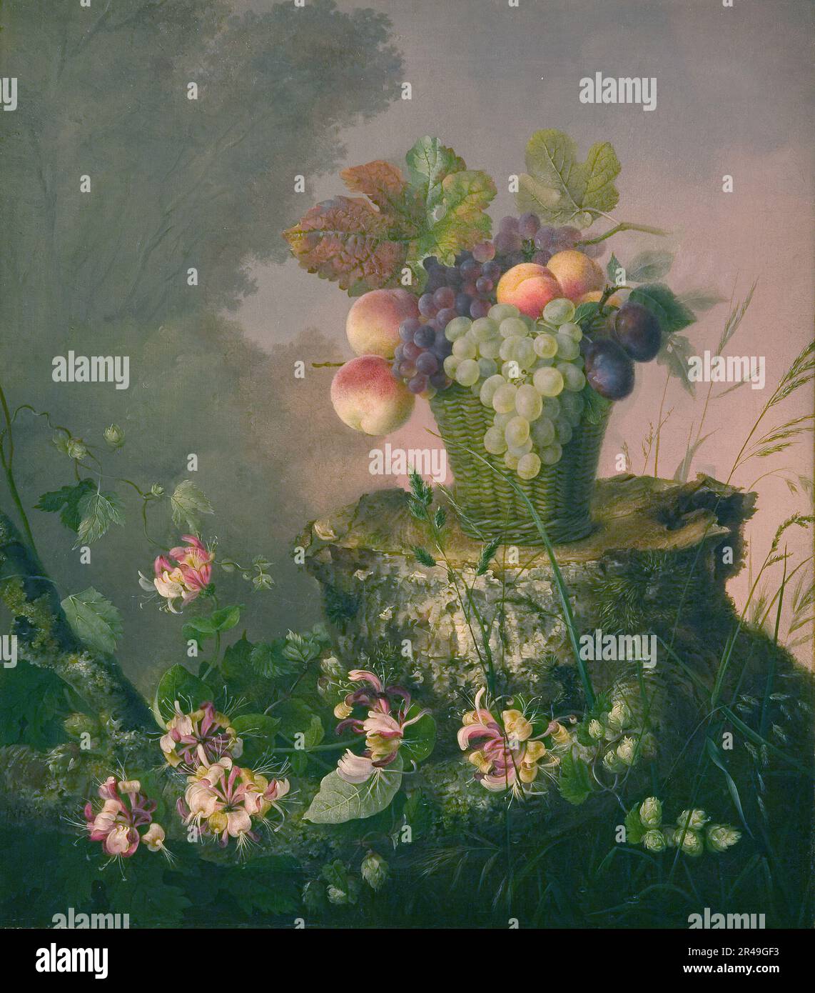 Basket of Flowers standing on a Tree Stump, 1814-1875 Stock Photo - Alamy