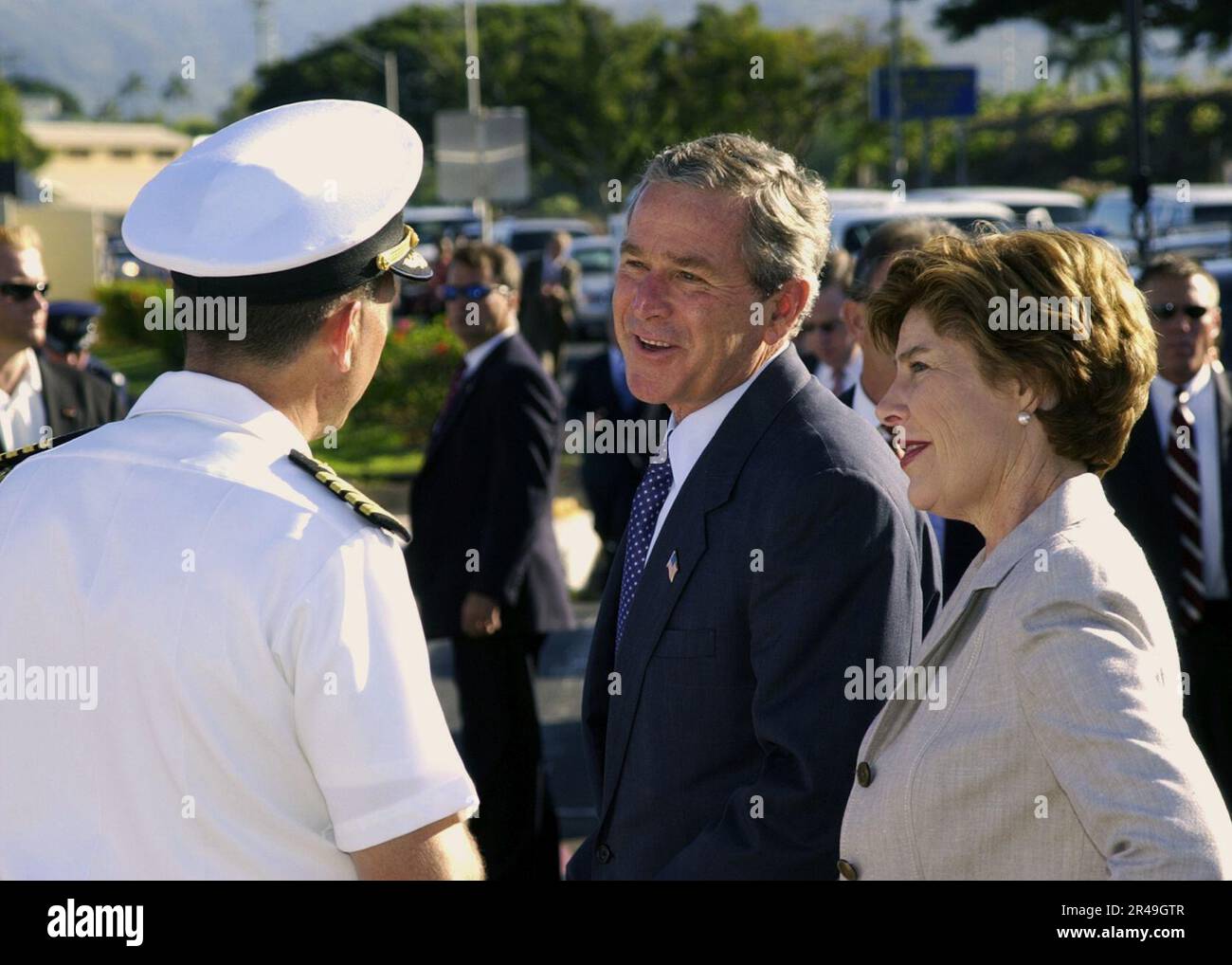 US Navy President George W. Bush and First Lady Laura Bush are greeted ...