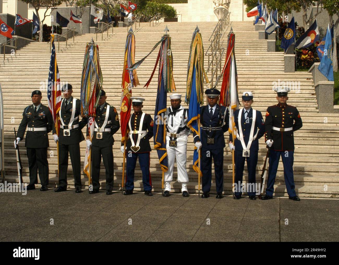 US Navy Joint Services Color Guard members participate in a ceremony as ...