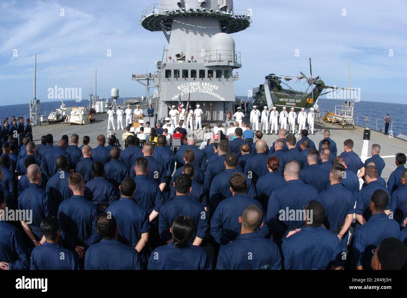 US Navy USS Blue Ridge and Commander, 7th Fleet, Sailors stand at ...