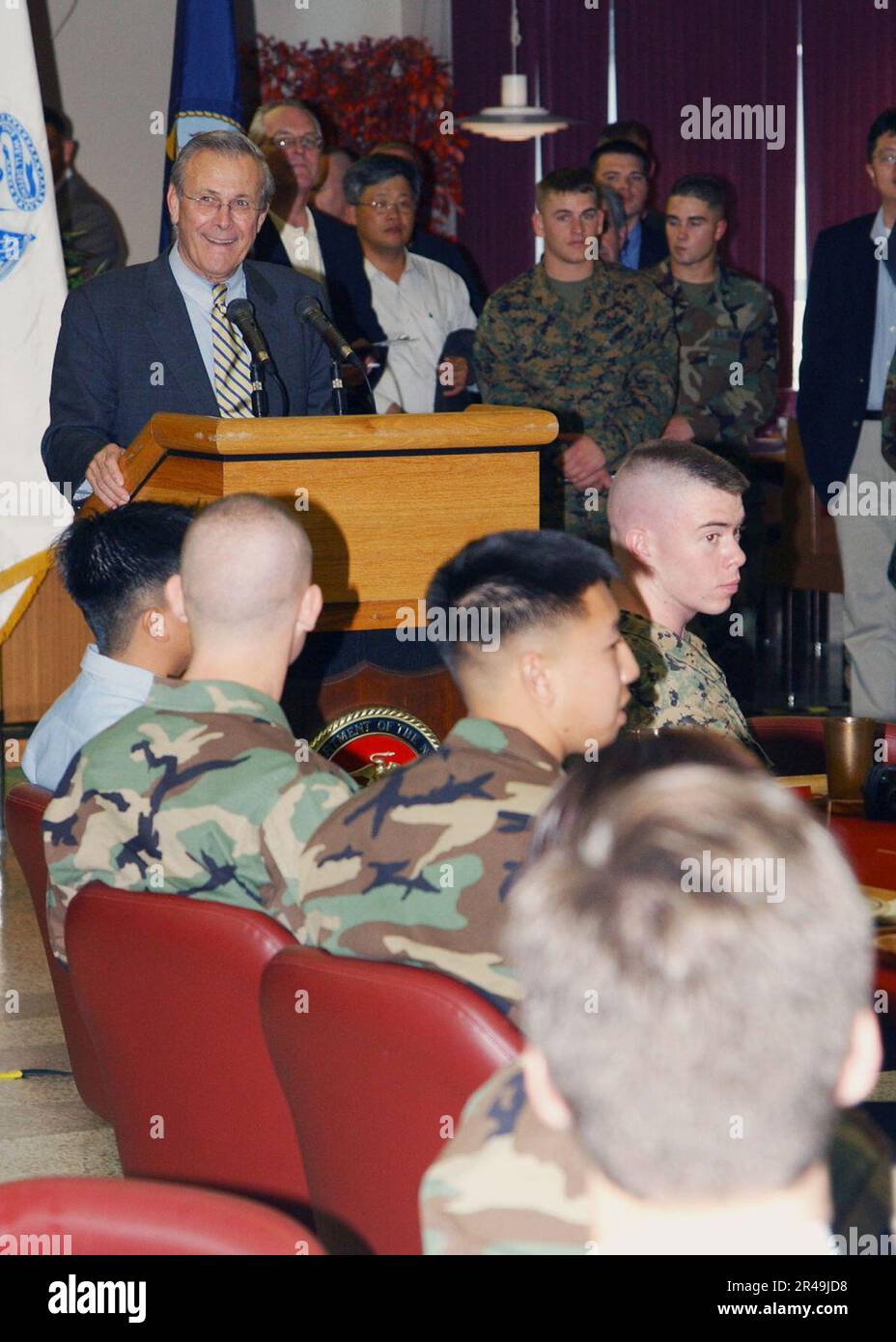 US Navy Donald H. Rumsfeld, answers questions from Marine, Air Force ...