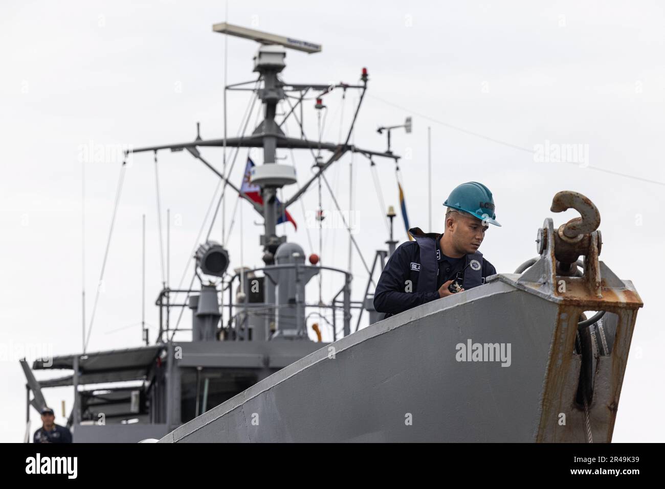 A Philippine Navy sailor watches the ramp on BRP Waray, LC-288 during a ...