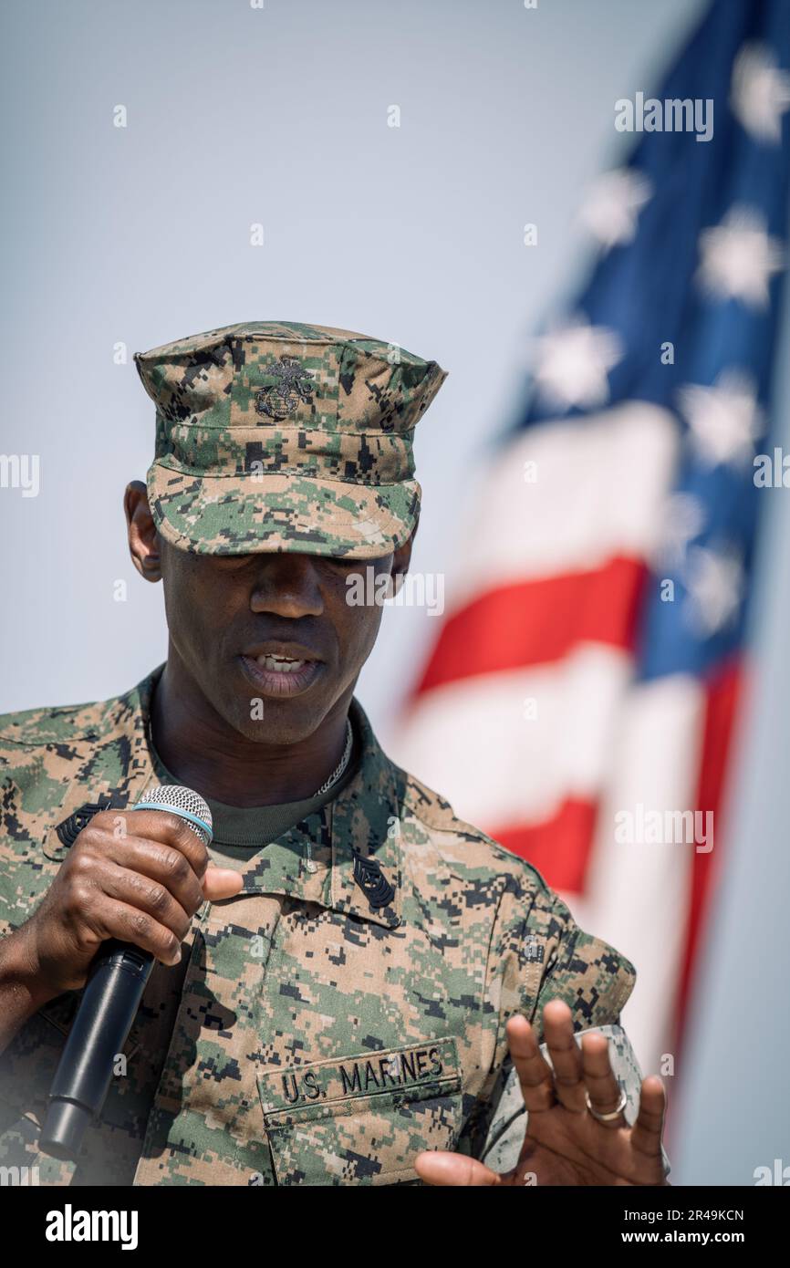 U.S. Marine Corps Sgt. Maj. Oranjel Leavy, the outgoing sergeant major ...