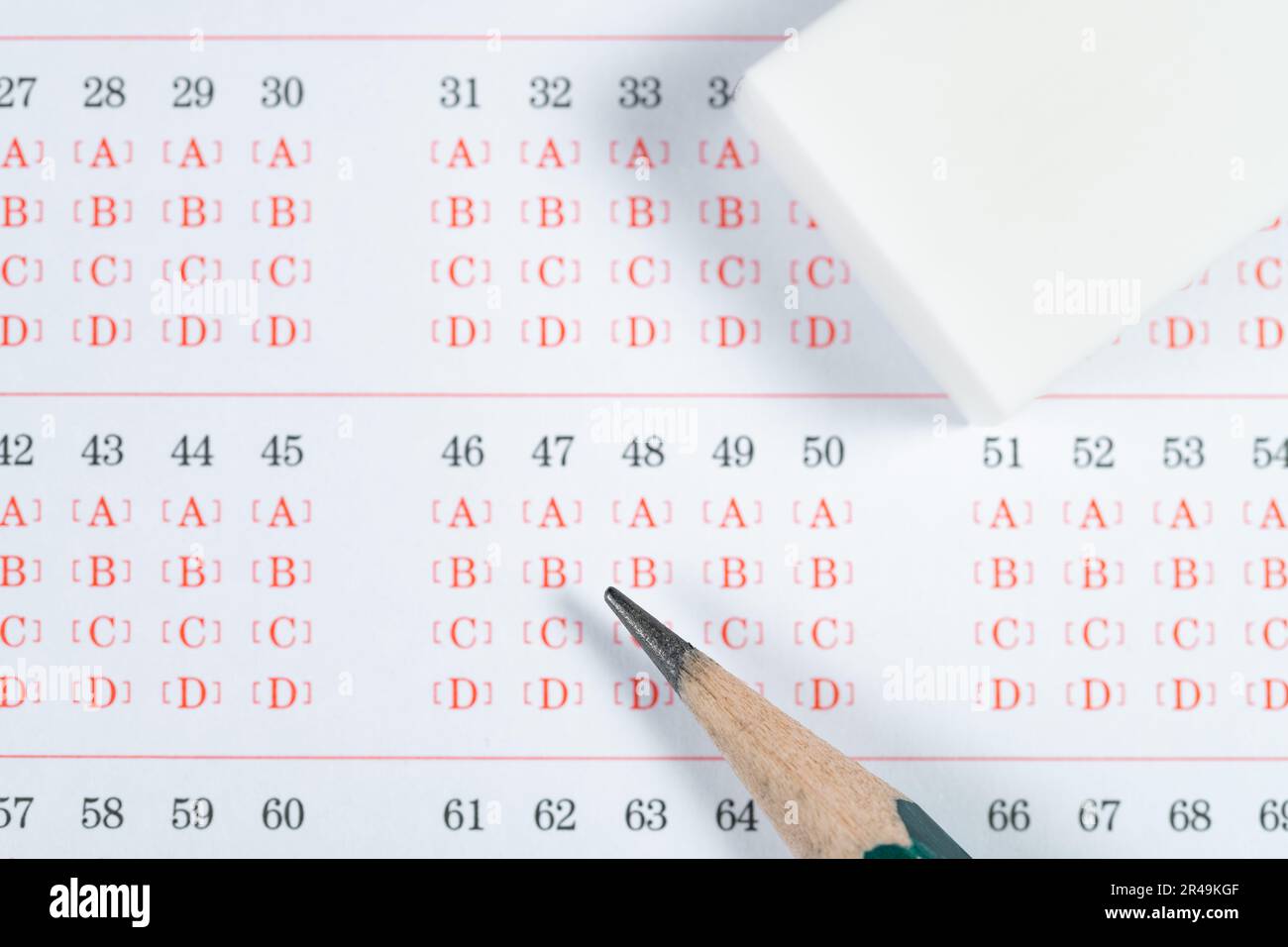 top view test score sheet and pencil and eraser close up horizontal ...