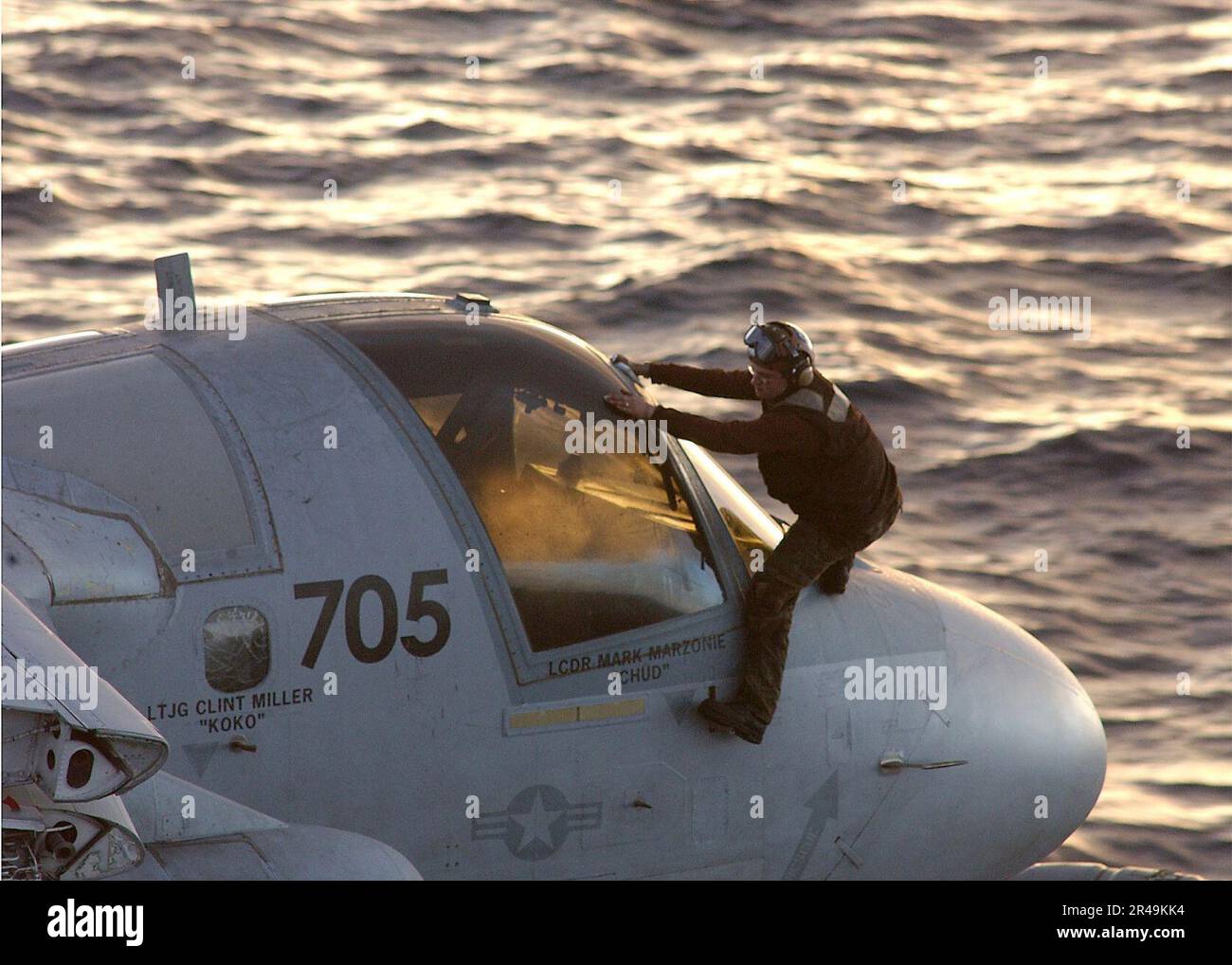 US Navy A plane captain for an S-3B Viking assigned to ''Topcats'' of ...