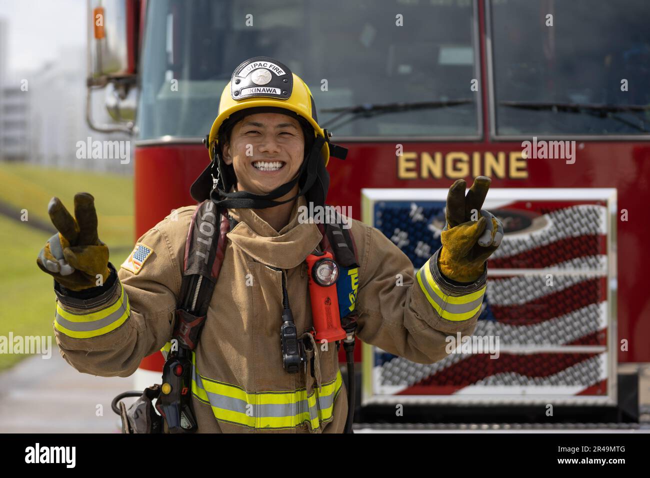 Koya Higa, a firefighter with Camp Kinser Fire Station, Marine Corps ...