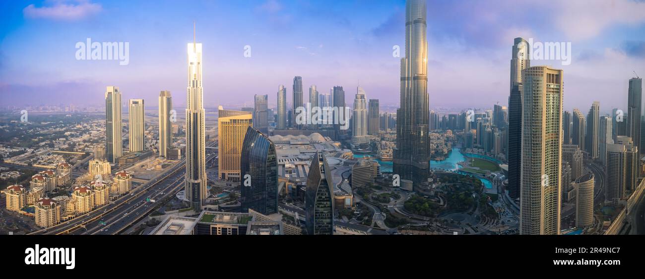UAE, Dubai panoramic skyline view of city downtown and Dubai Mall Stock ...