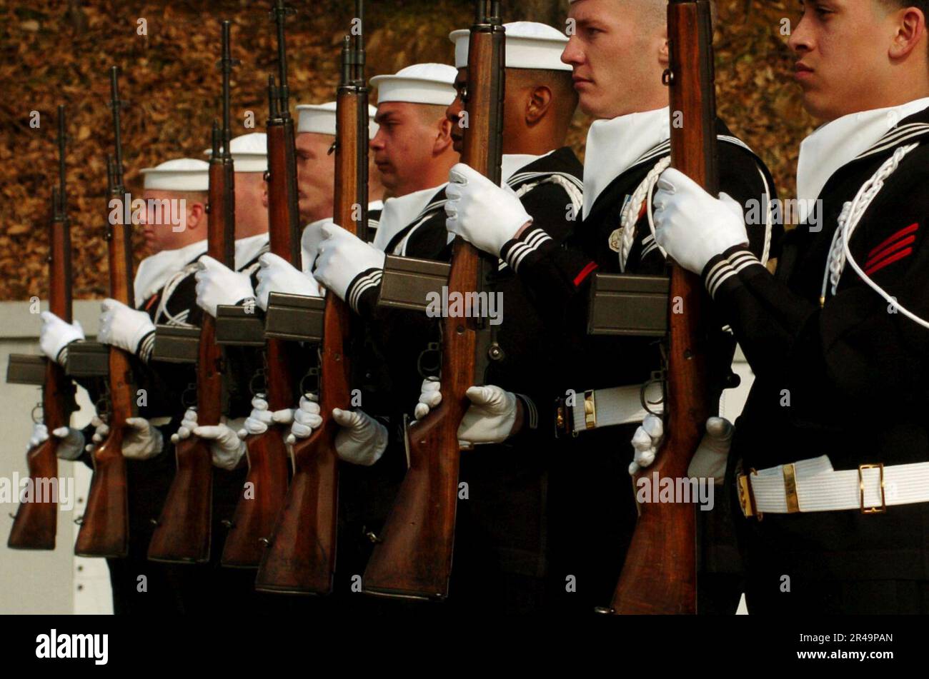 US Navy Sailors assigned to U.S. Navy Ceremonial Guard stand in ranks during a performance in ...