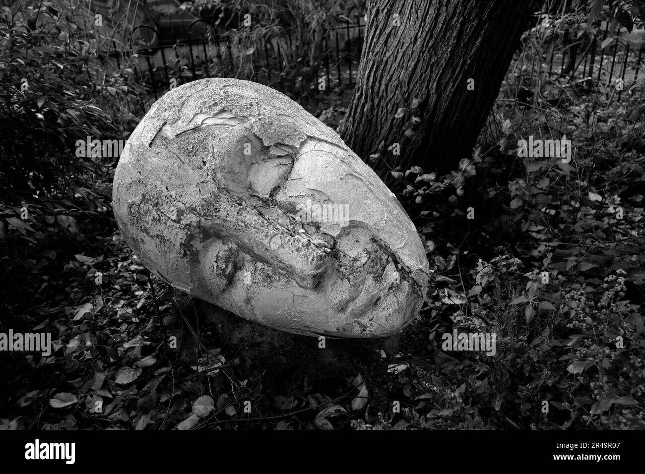 A close-up shot of a grayscale carved mask sculpture on a park floor ...