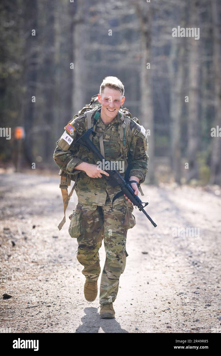 A Soldier completes the 12-mile ruck march event Tuesday during the ...