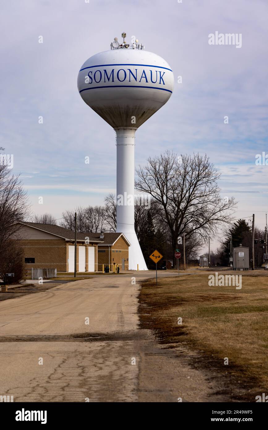 The Somonauk Water Department Tower under a cloudy sky in the US Stock ...